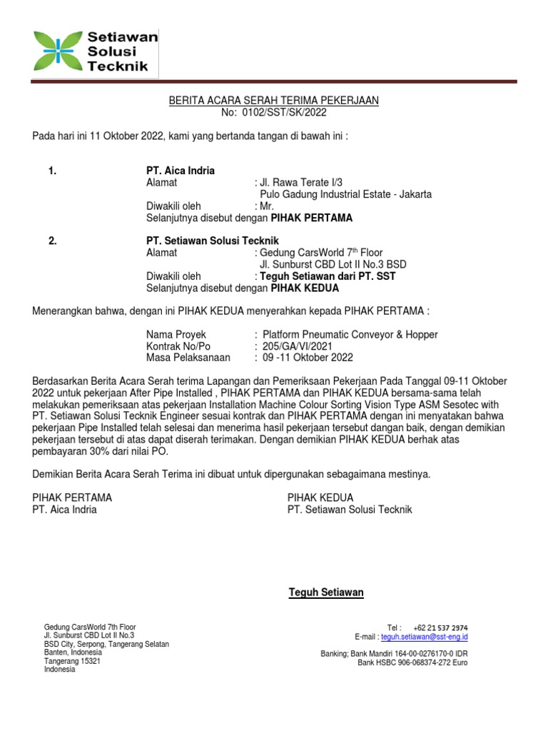 Berita Acara Pengerjaan Pipe Install Machine AICA 30% | PDF