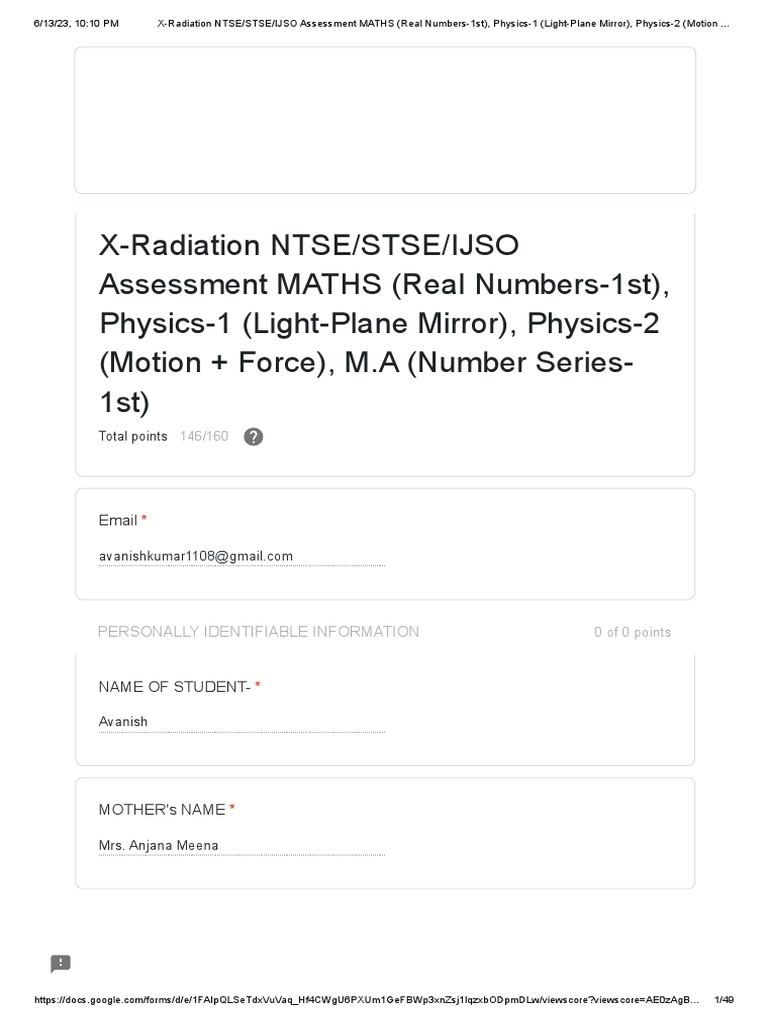 X-Radiation NTSE/STSE/IJSO Assessment MATHS (Real Numbers-1st), Physics-1 (Light-Plane Mirror ...