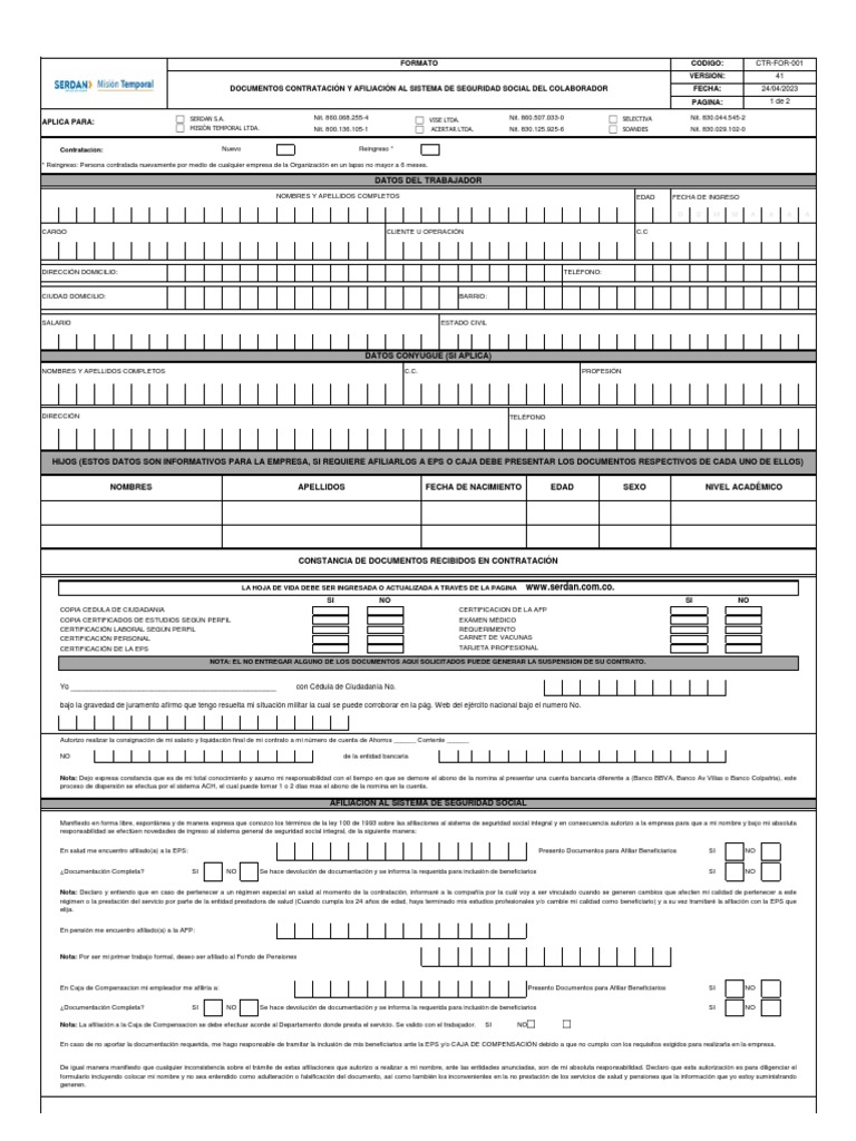 CTR-FOR-001 Formato DocContratacionAfiliacionSG V41 24.04.2023 | PDF ...