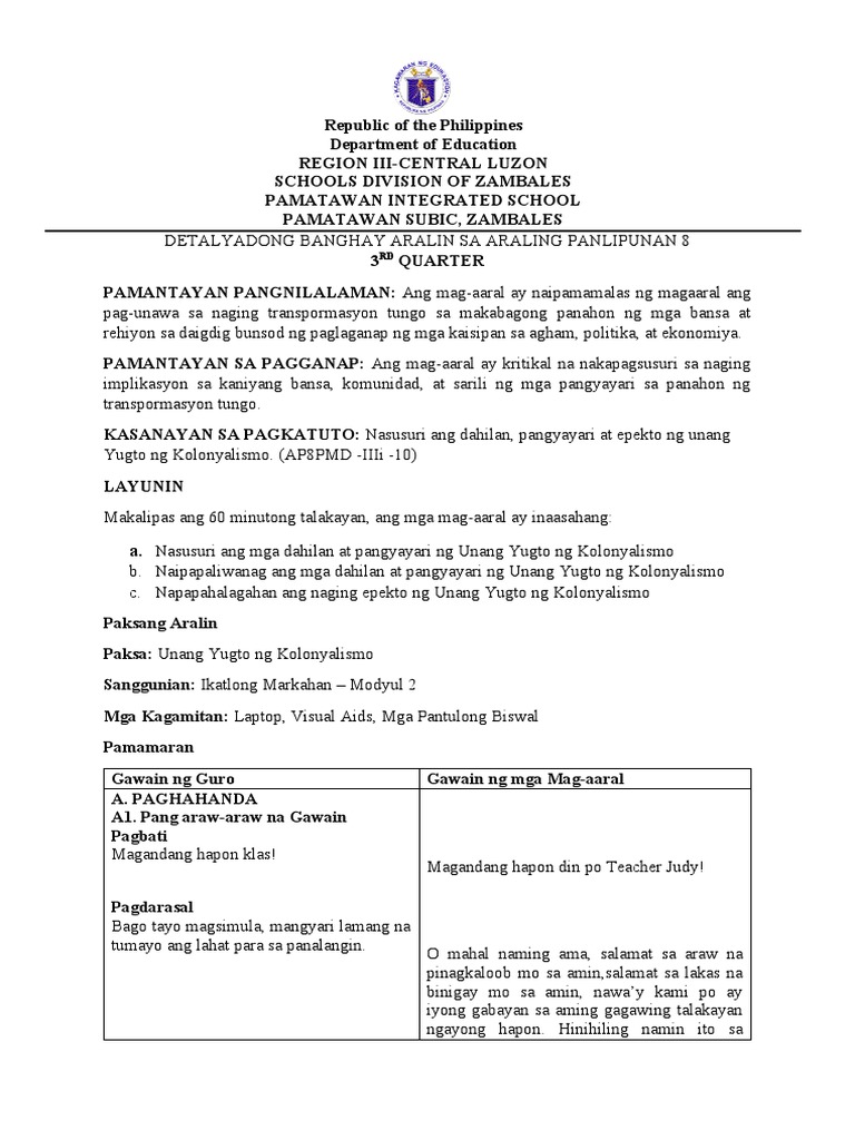 DETAILED LESSON PLAN IN AP 8 Unang Yugto NG Kolonyalismo | PDF