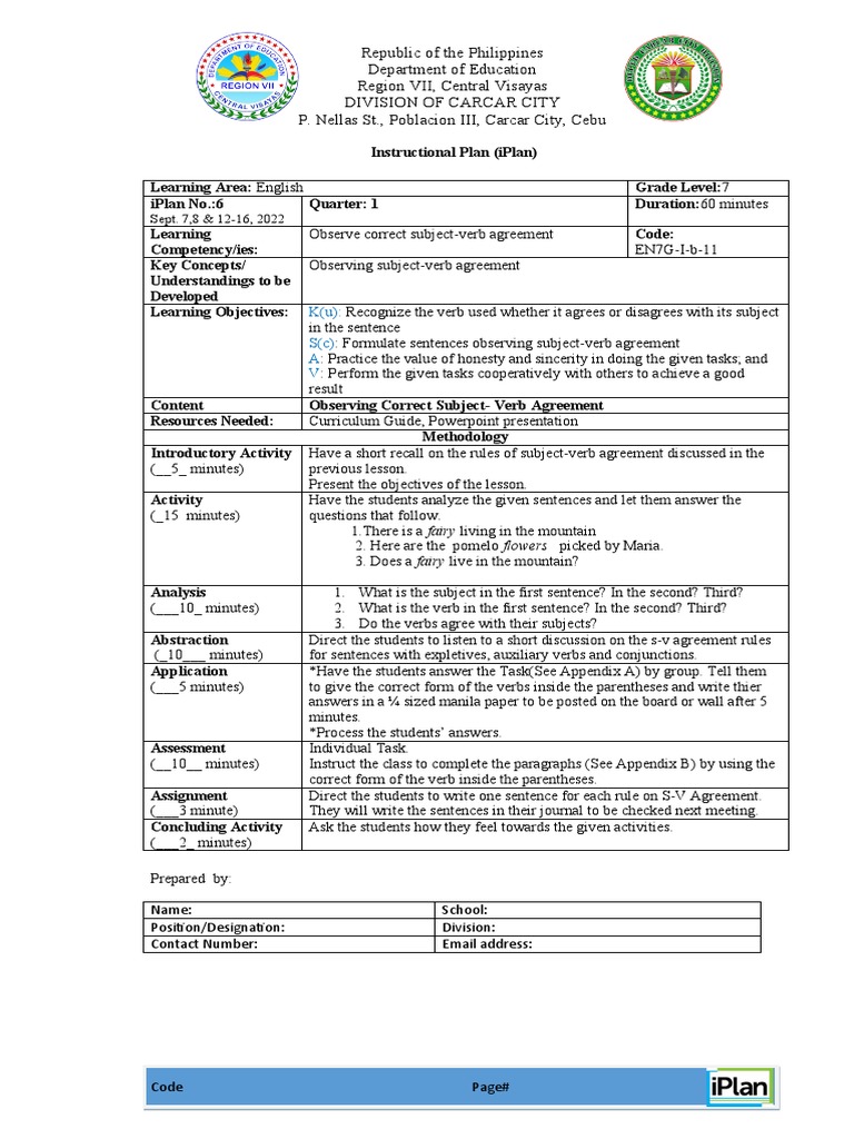 English 7 Iplan 6 | PDF | Subject (Grammar) | Verb