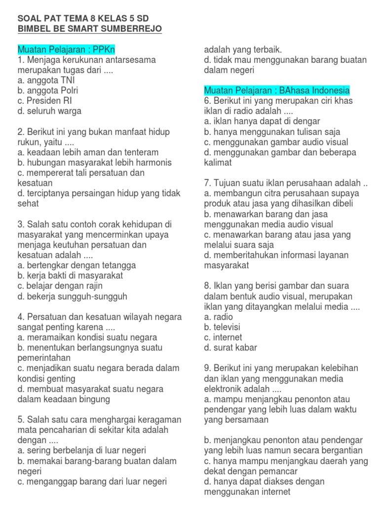 SOAL PAT TEMA 9 KELAS 5 SD | PDF