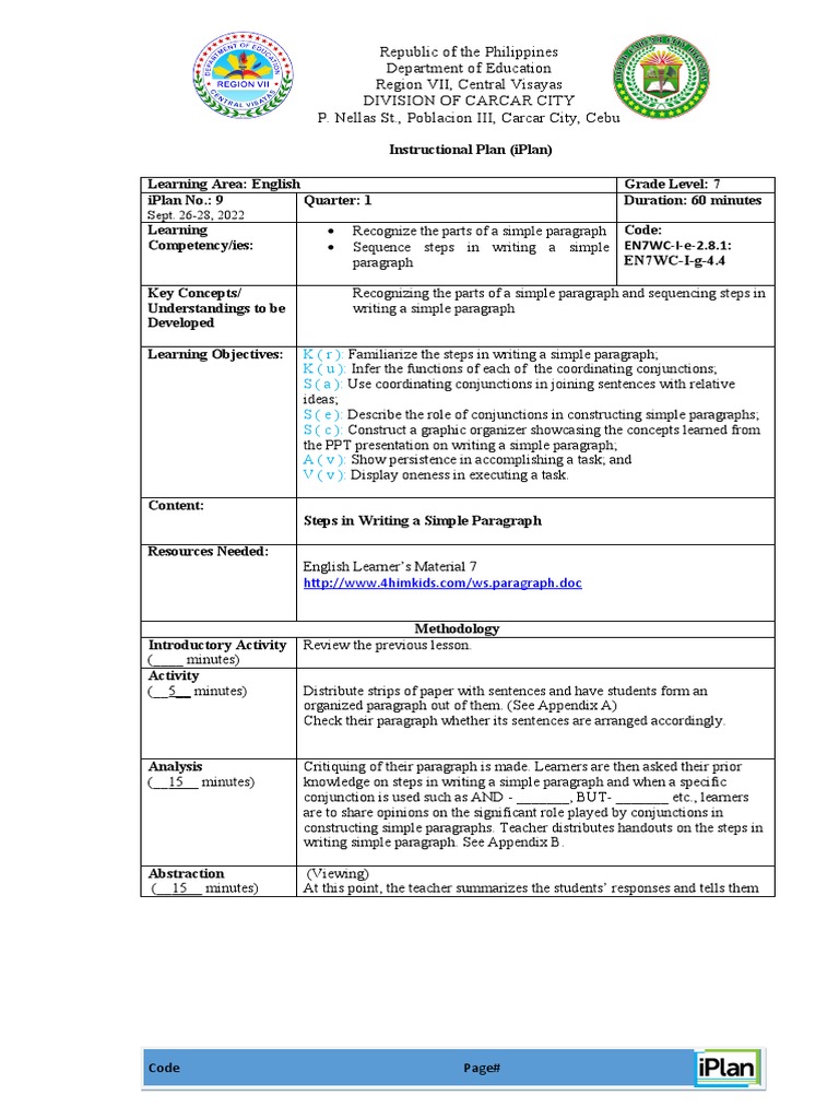 Grade 7 English Paragraph Writing Plan | PDF | Learning | Paragraph