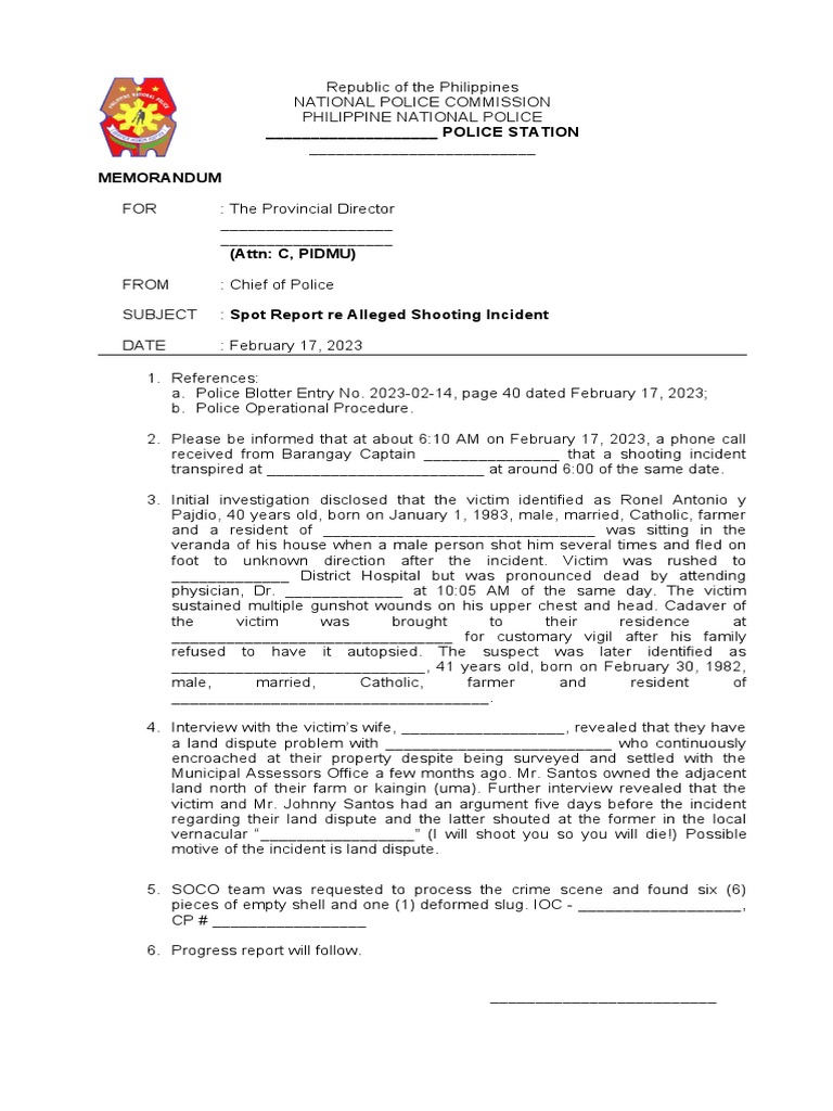 Spot Report - Shooting Incident | PDF | Killings | Murder Spot Report - Shooting Incident | PDF | Killings | Murder
