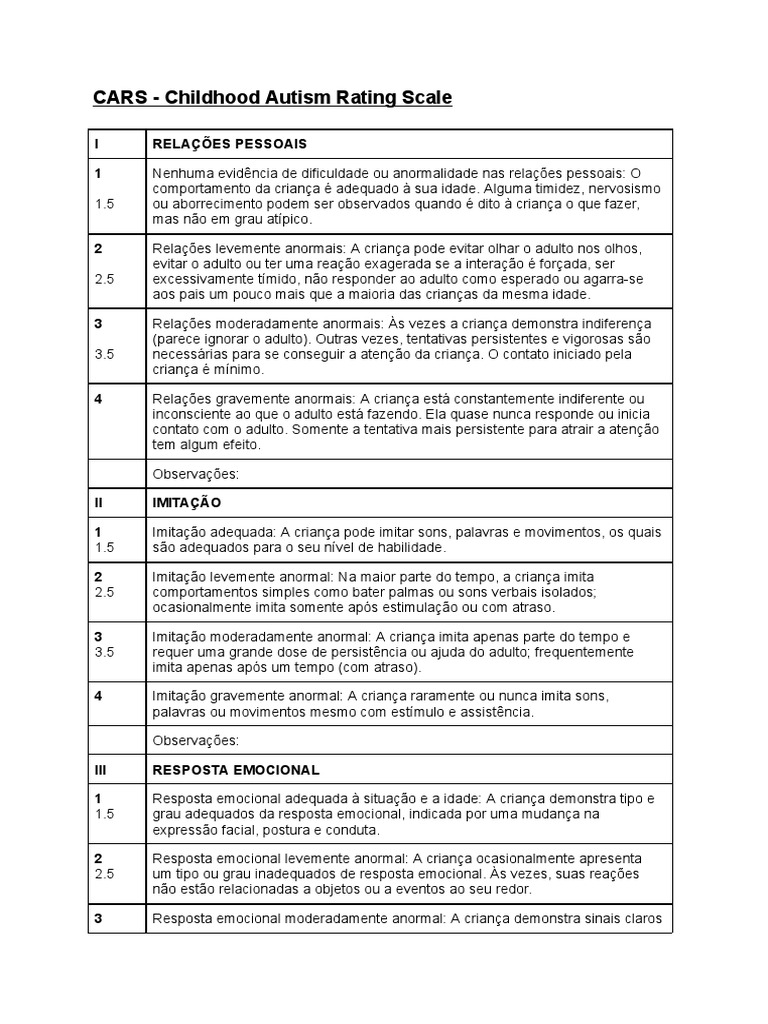 CARS - Childhood Autism Rating Scale (2 ANOS OU MAIS) | PDF | Emoções ...