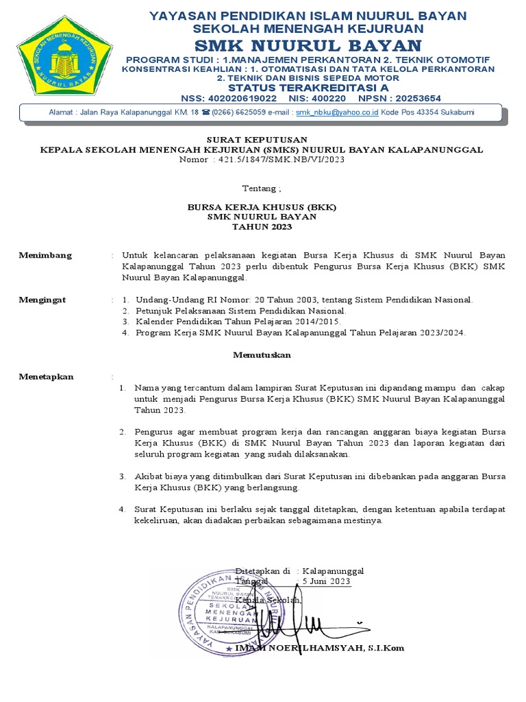 SK Pembentukan BKK & Struktur Organisasi Pengelola BKK | PDF