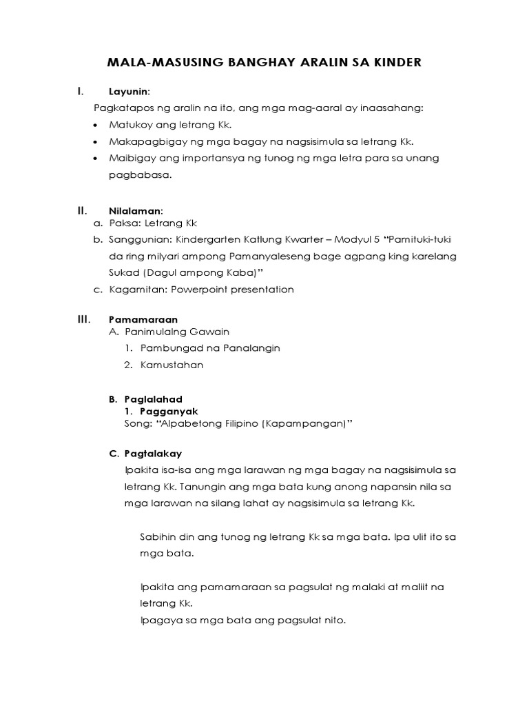 Banghay Aralin in Kinder | PDF