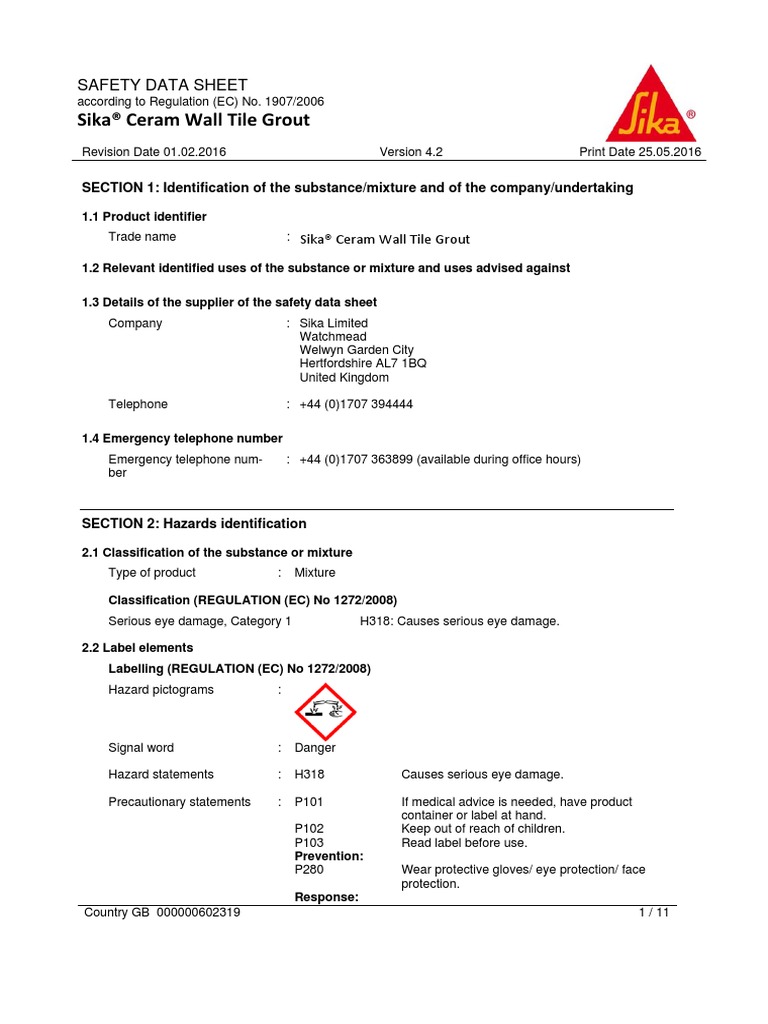 Sikaceram Wall Tile Grout MSDS | Download Free PDF | Dangerous Goods | Personal Protective Equipment