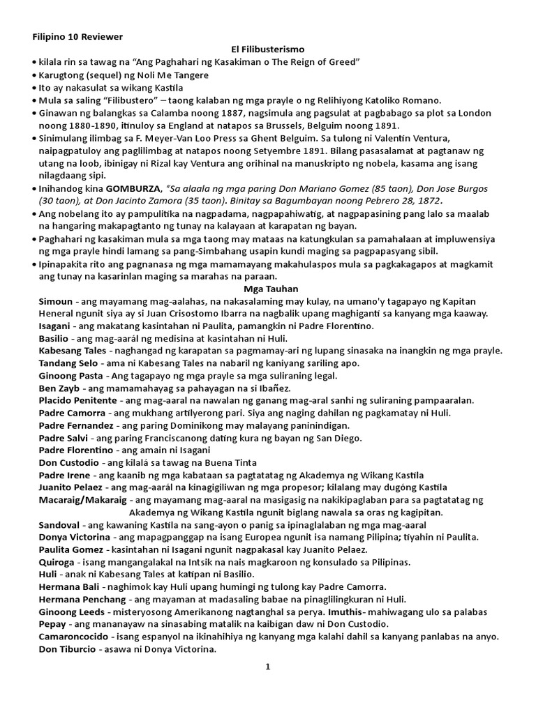 Filipino 10 Reviewer El Filibusterismo | PDF