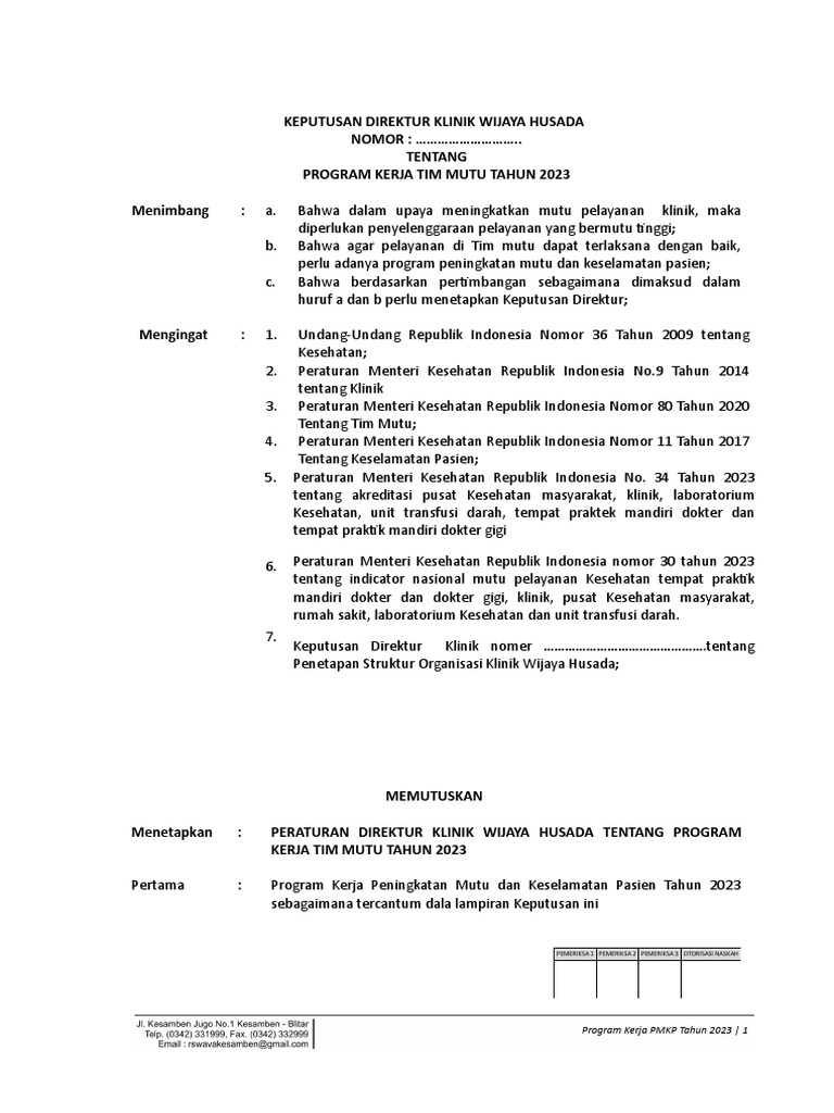 PROGRAM KERJA KOMITE MUTU Klinik Wijaya Husada | PDF