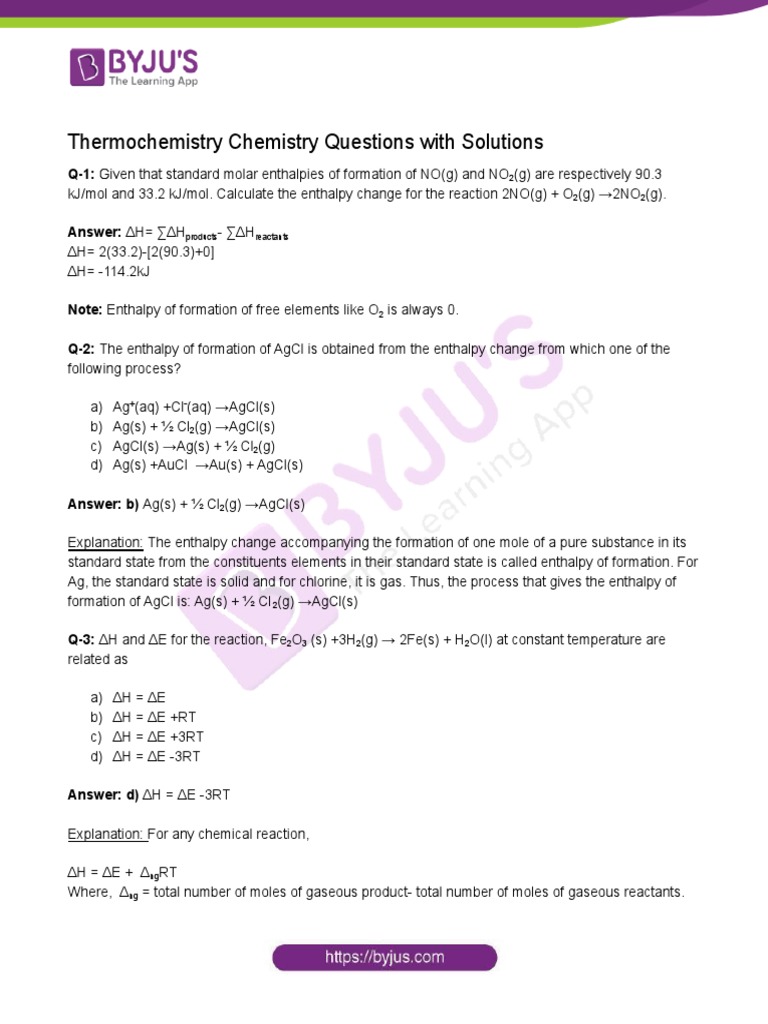 Thermochemistry Chemistry Questions With Solutions | PDF | Chemical Reactions | Enthalpy
