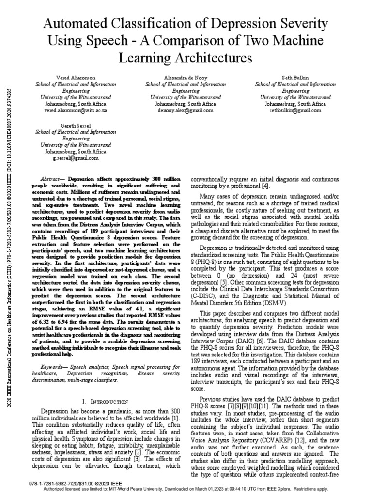 Automated Classification of Depression Severity Using Speech - A ...