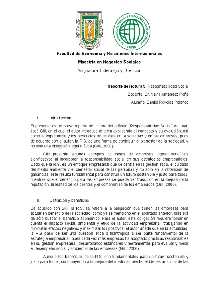 Reporte de Lectura: Responsabilidad Social | PDF | Responsabilidad ...