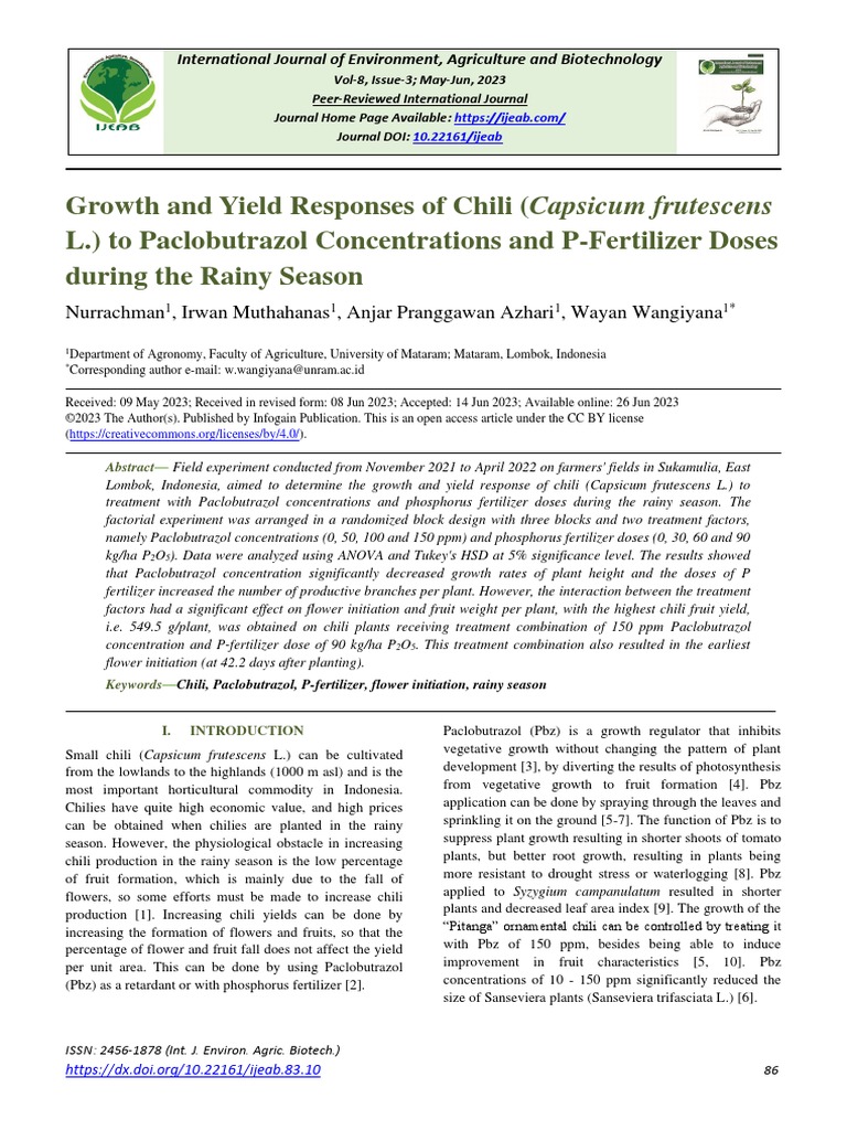 Growth and Yield Responses of Chili (Capsicum Frutescens L.) To ...