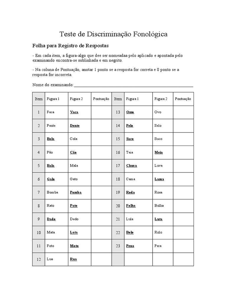 Teste de Discriminação Fonológica | PDF
