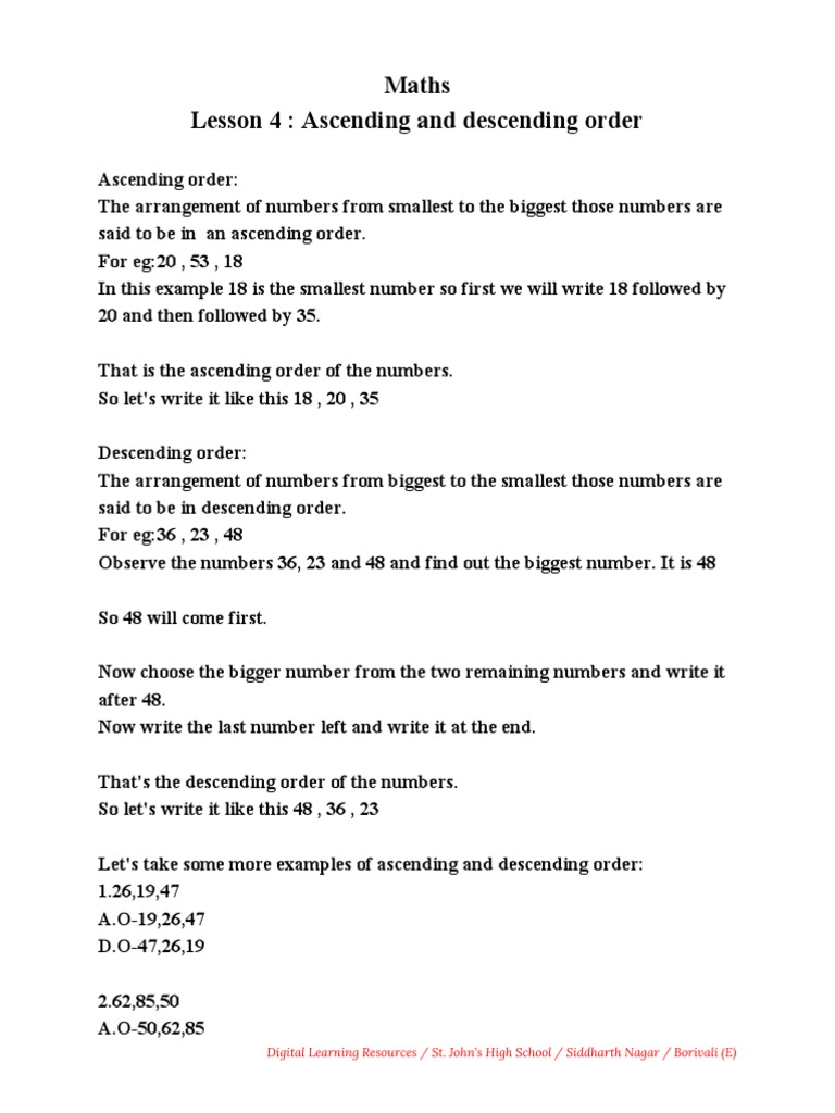 Ascending and Descending Order Explained | PDF
