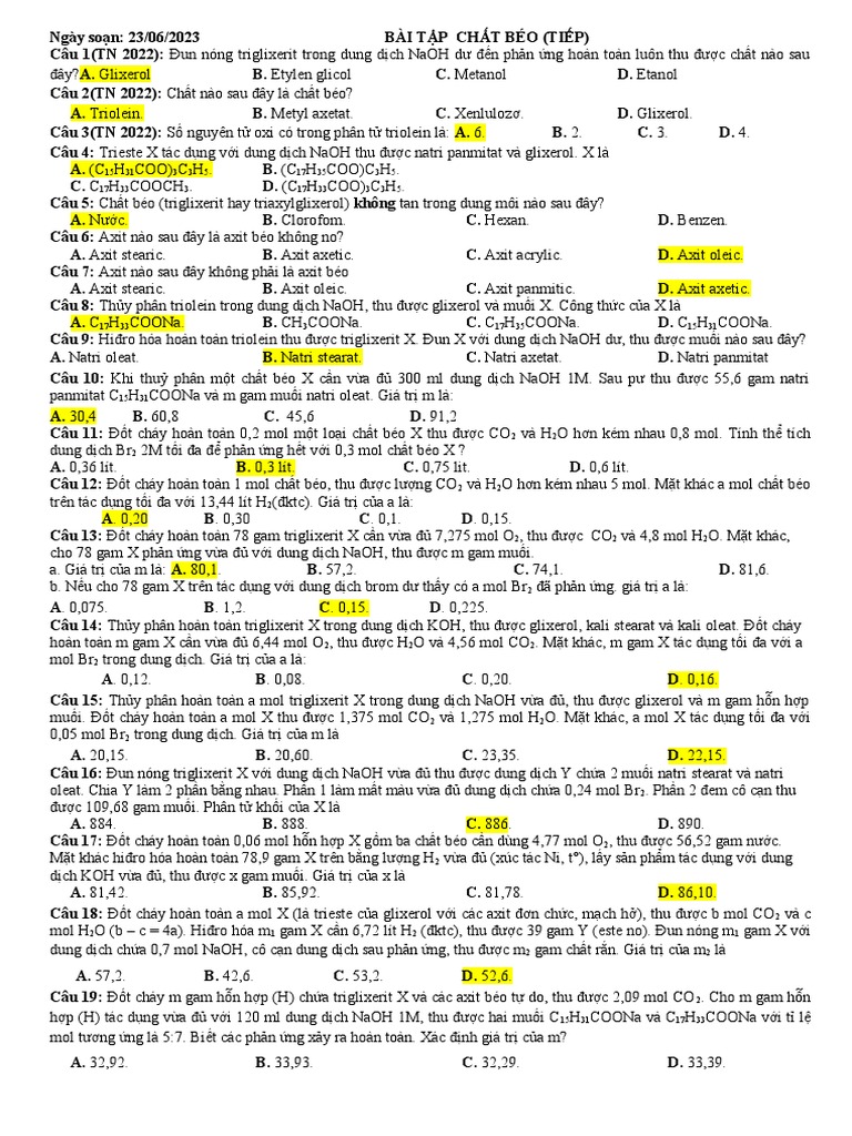 Bài tập chất béo (TIẾP) | PDF