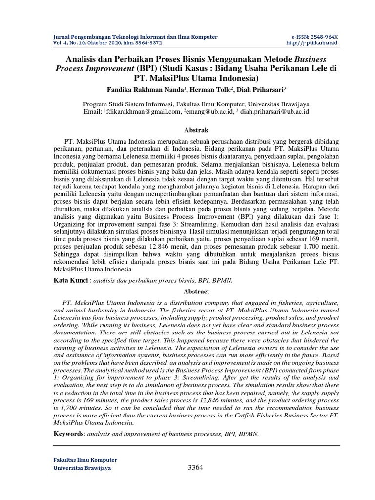 Process Improvement (BPI) (Studi Kasus: Bidang Usaha Perikanan Lele Di | PDF
