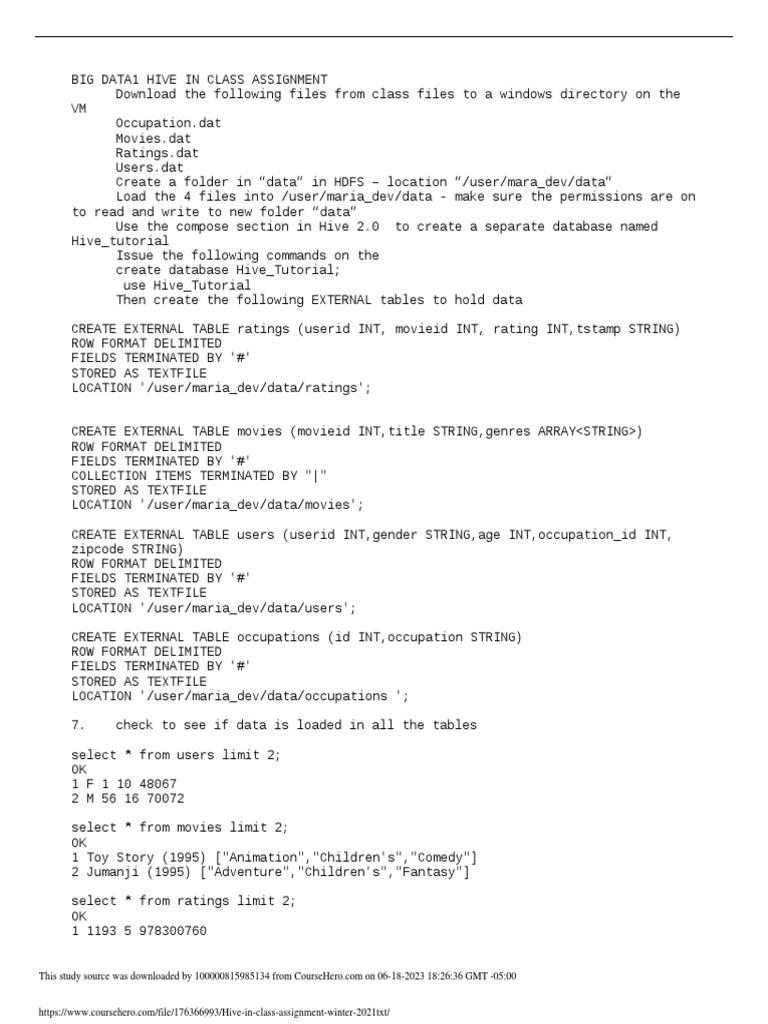 Hive in Class Assignment Winter 2021 | PDF | Computer File | Text File