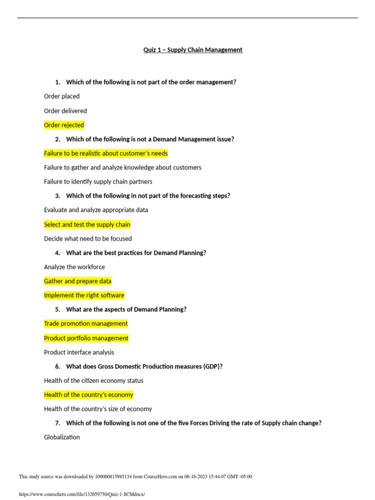 Quiz 1 SCM | PDF | Supply Chain | Logistics