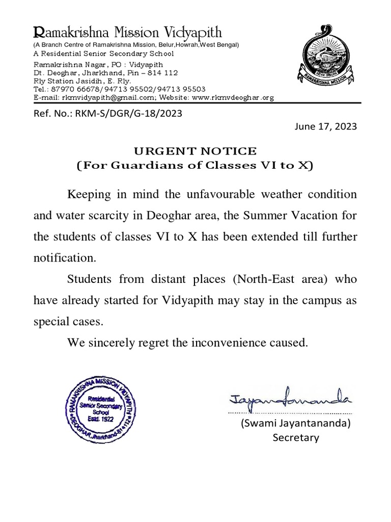 Urgent Notice - Extension of Summer Vacation 2023 | PDF