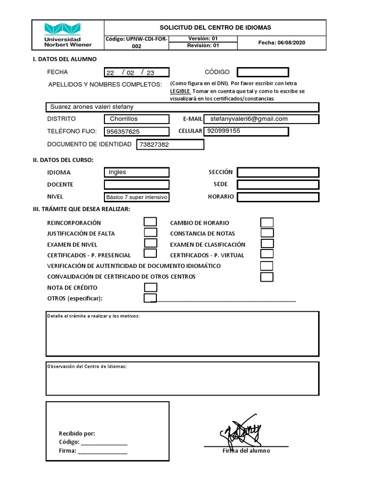UPNW CDI For 002 Solicitud Del Centro de Idiomas | PDF