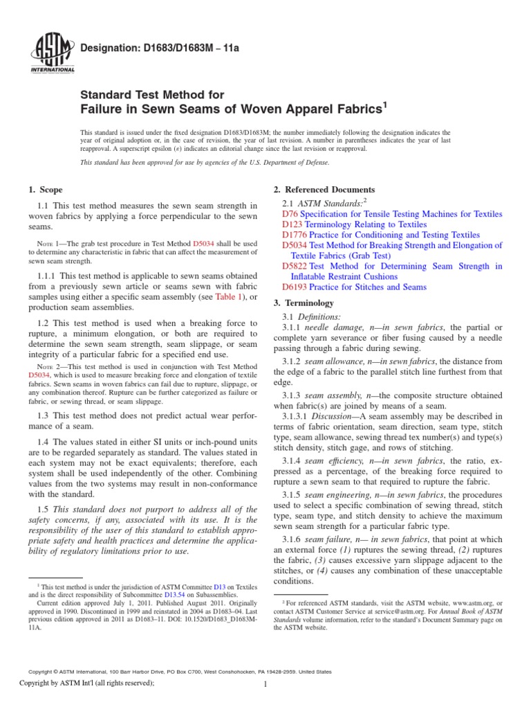 Failure in Sewn Seams of Woven Apparel Fabrics: Standard Test Method ...