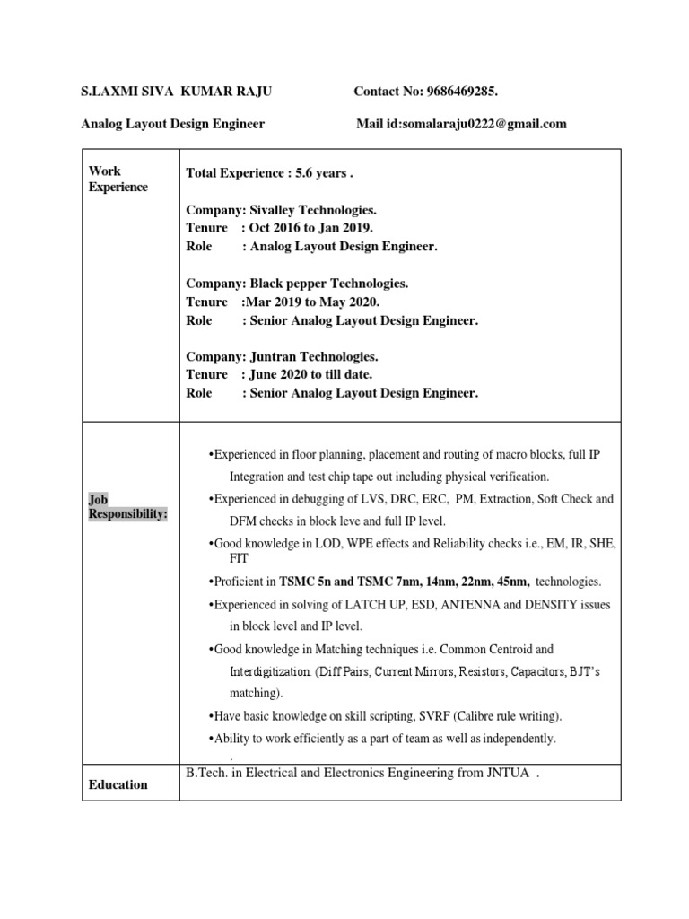 Siva Kumar Raju - Analog - Layout - Resume | PDF | Amplifier | Electronic Circuits