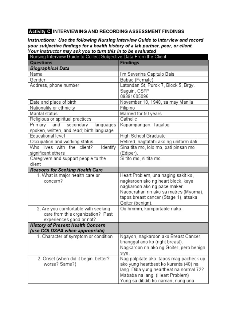 Nursing Interview Guide - Bais | PDF | Tagalog Language | Clinical Medicine