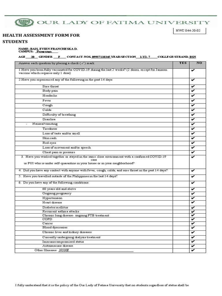 Health Assessment Form For Student 02 | PDF | Chronic Condition ...