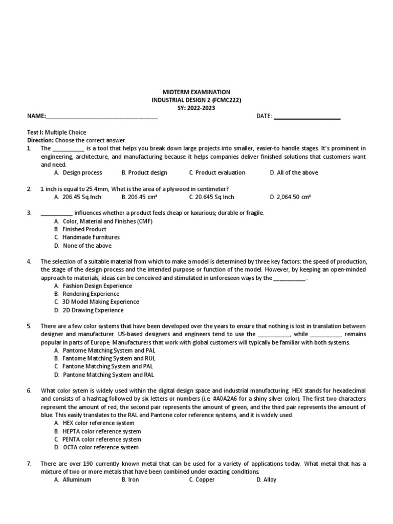 Industrial Design Test Paper | PDF | Metals | Secondary Sector Of The ...