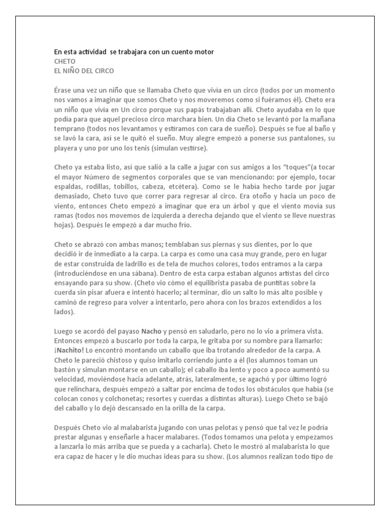 Cuento Motor: Cheto en el Circo | PDF
