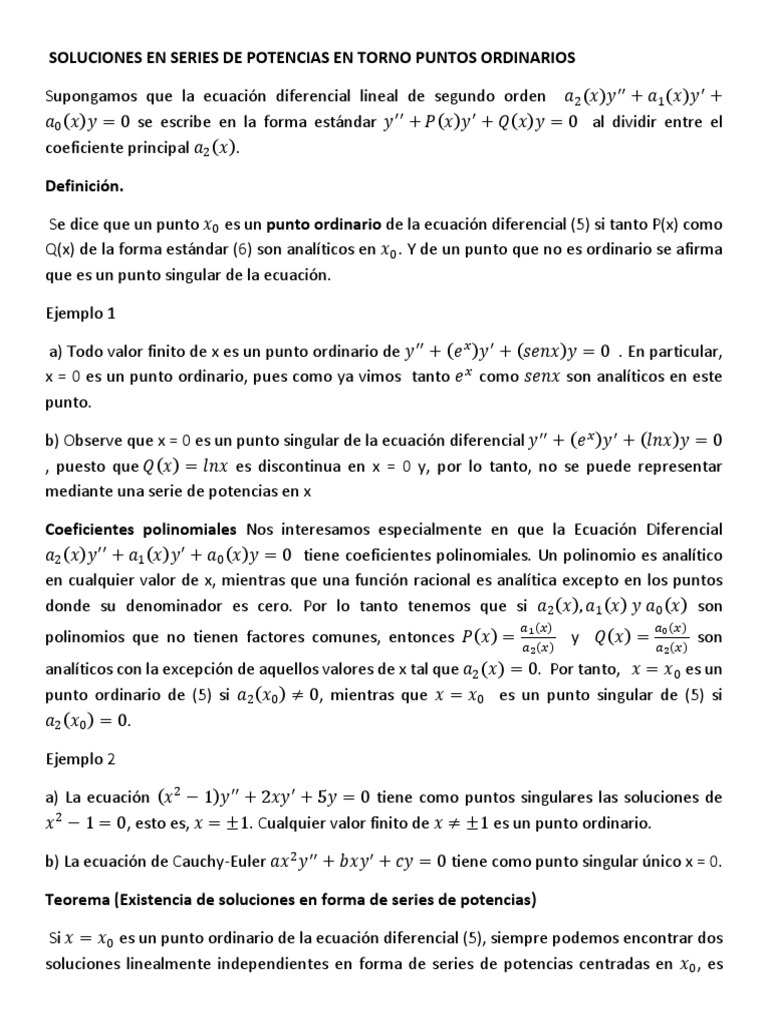 Soluciones en Series de Potencias en Torno Puntos Ordinarios | PDF | Ecuaciones | Ecuaciones ...
