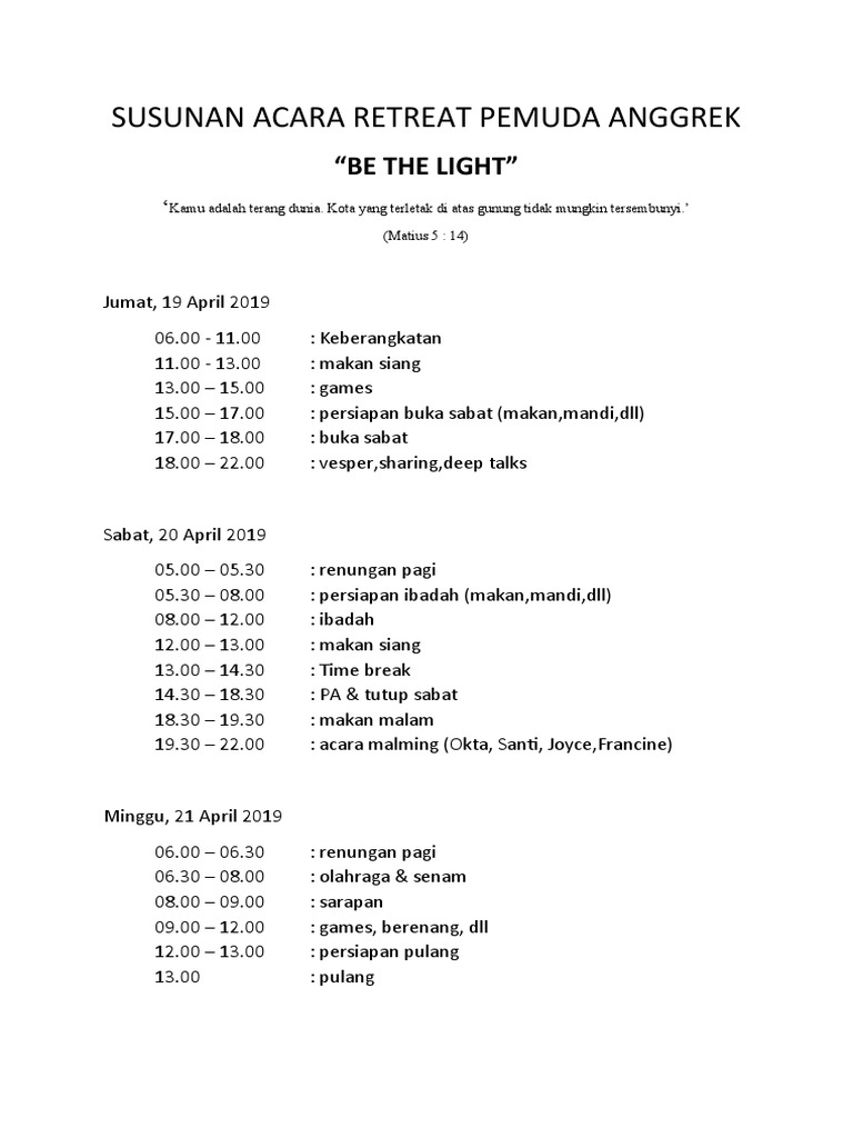 Susunan Acara Retreat Pemuda Anggrek: "Be The Light" | PDF