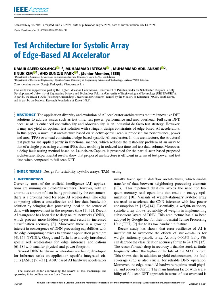 Test Architecture For Systolic Array Of Edge Based Ai Accelerator Pdf Deep Learning Matrix