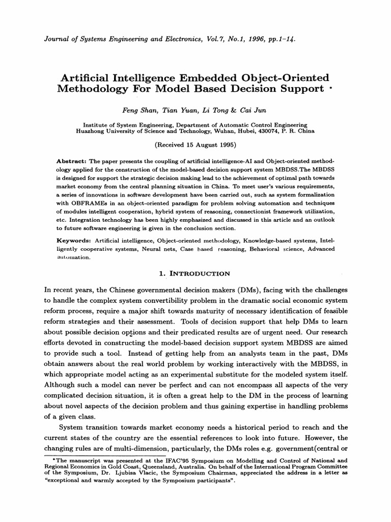 Artificial Intelligence Embedded Object Oriented Methodology For Model Based Decision Support