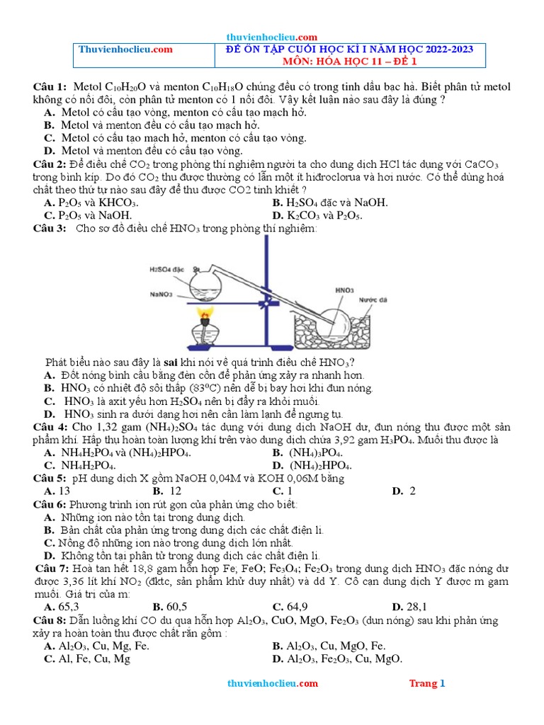 Thuvienhoclieu.com Bo de on Thi HK1 HOA 11 Nam 2022 2023 | PDF