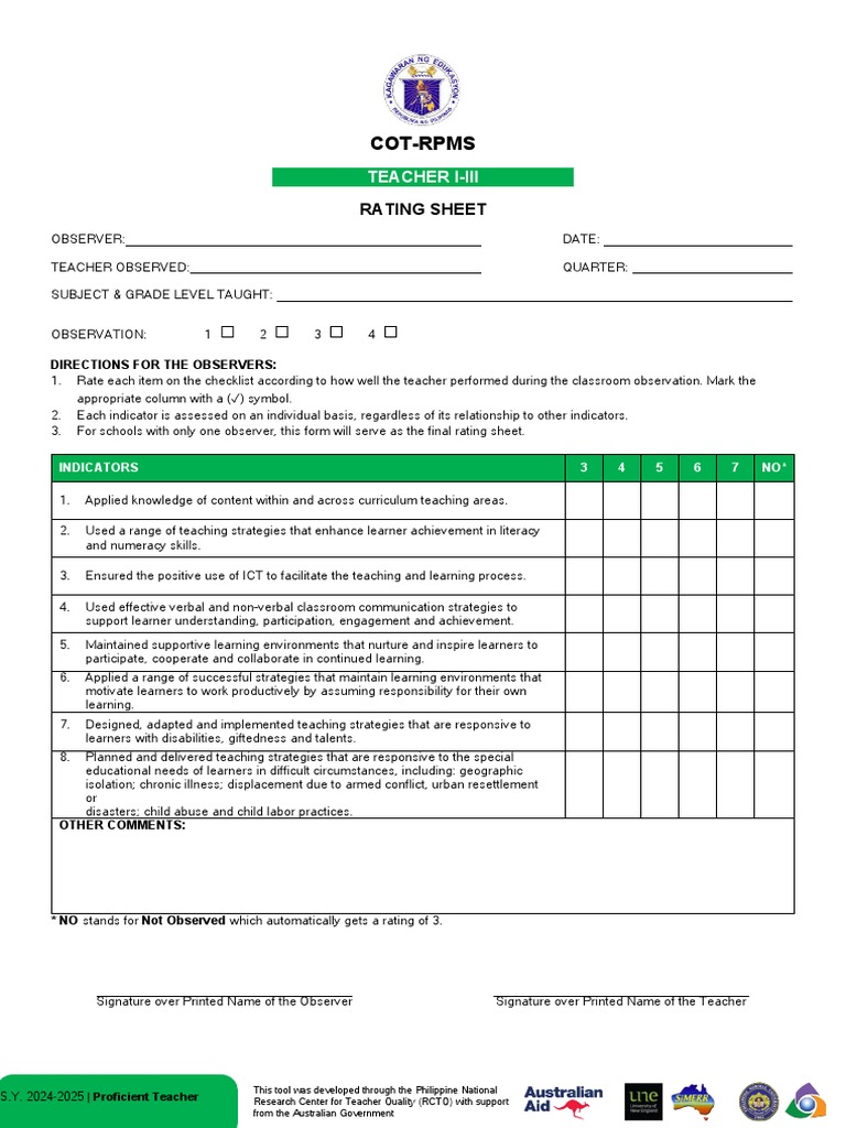 (Appendix C-04) COT-RPMS Rating Sheet For T I-III For SY 2024-2025 | PDF | Learning | Teachers