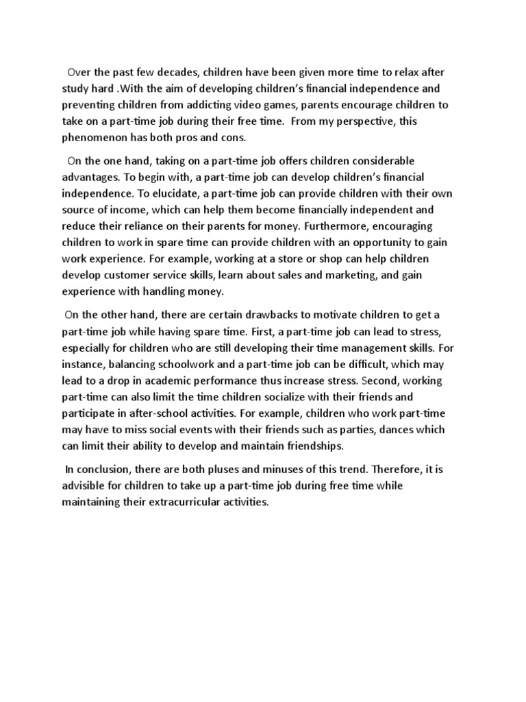 Pros and Cons of Kids' Part-Time Jobs | PDF