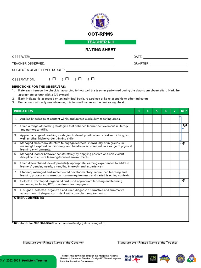 Teacher Observation Rating Sheet 2022-2023 | PDF | Learning | Curriculum