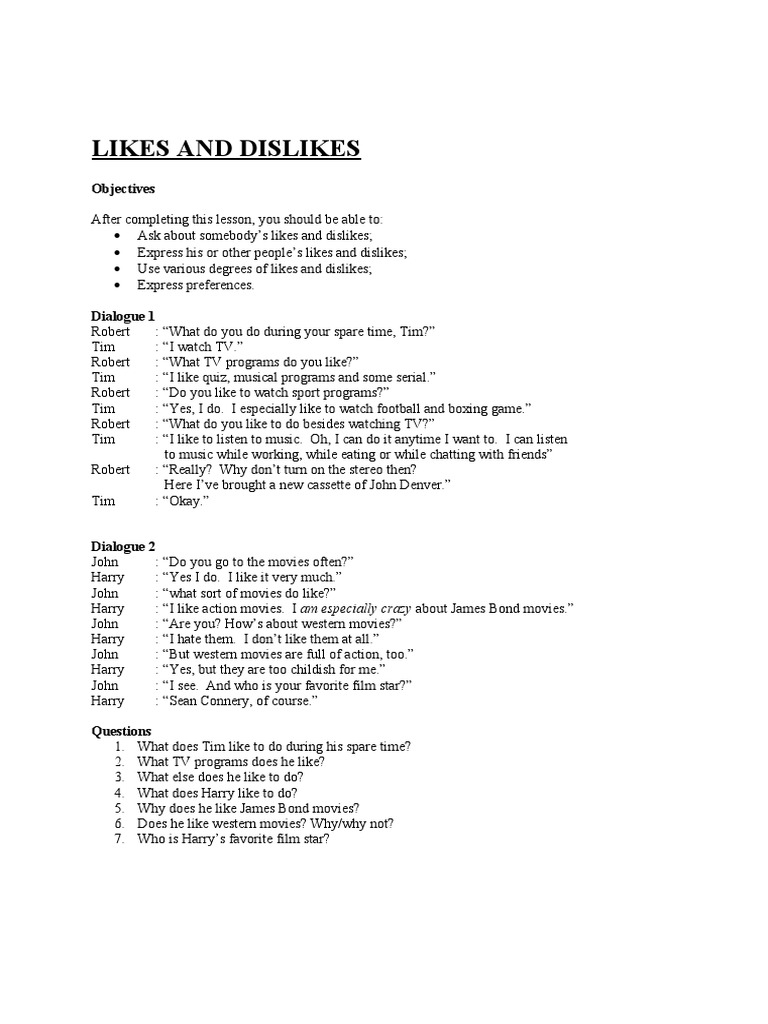Task 1 Likes and Dislikes | PDF | Language Arts & Discipline | Self ...
