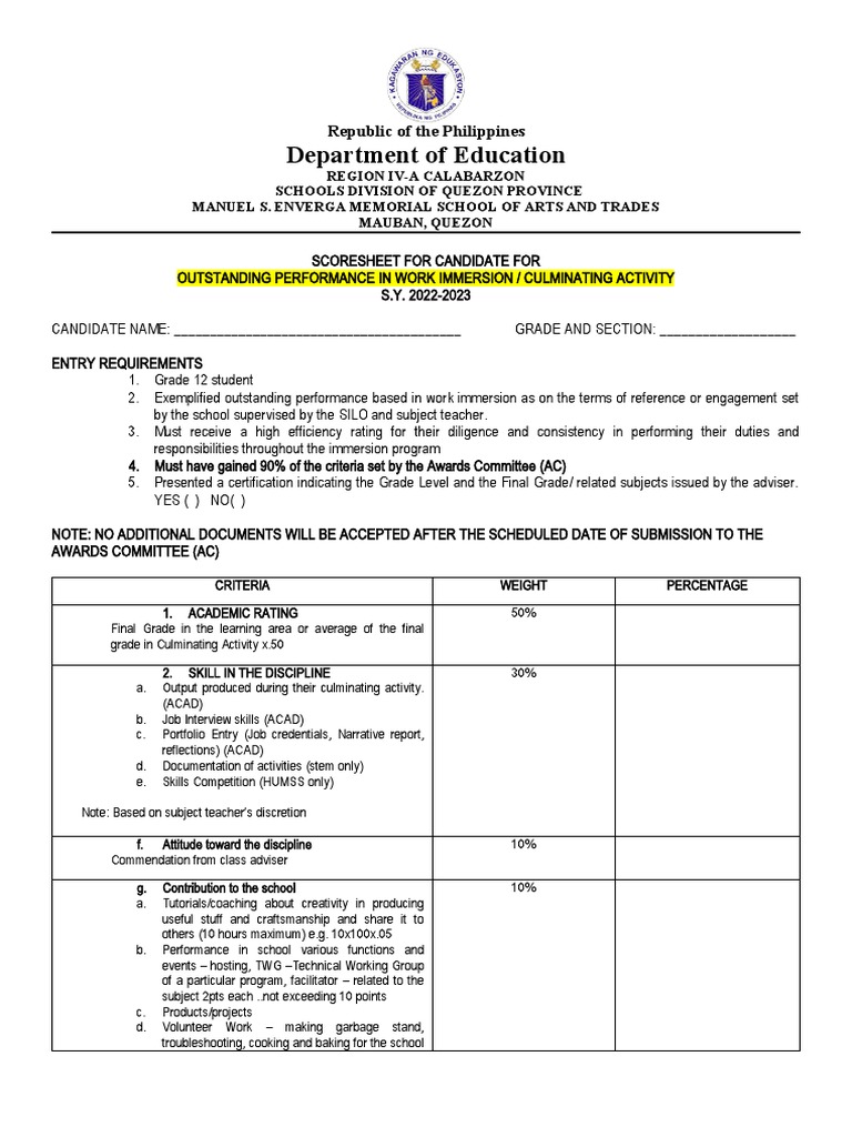 Immersion Culminating 12 Criteria Outstanding Performance In Specific