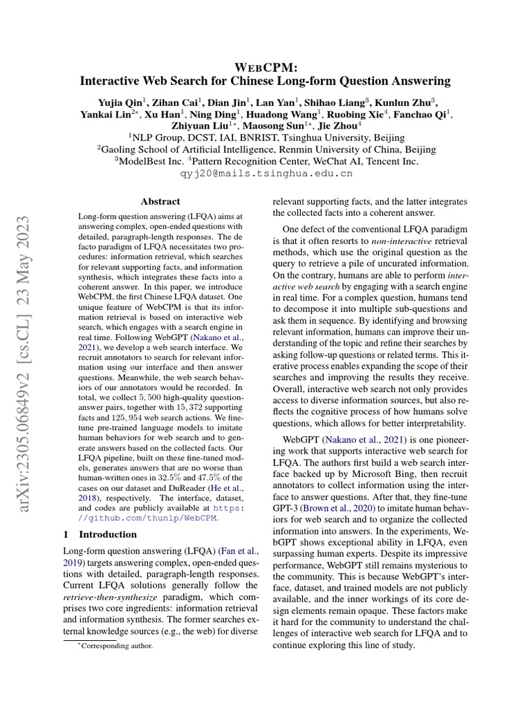 WEBCPM - Interactive Web Search For Chinese Long-Form Question Answering | PDF | World Wide Web ...