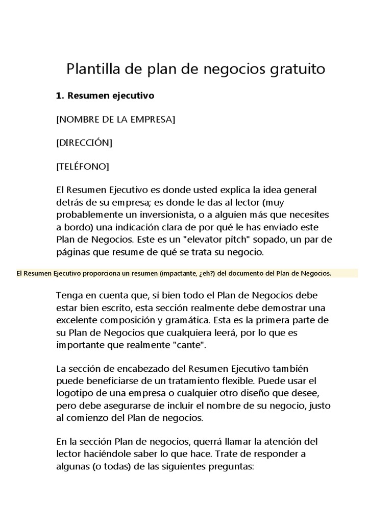 Plantilla de Plan de Negocios Gratuito | PDF | Marketing | Hoja de cálculo