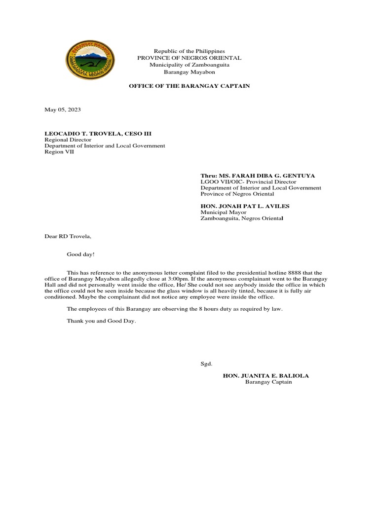 Barangay Mayabon Response Letter | PDF