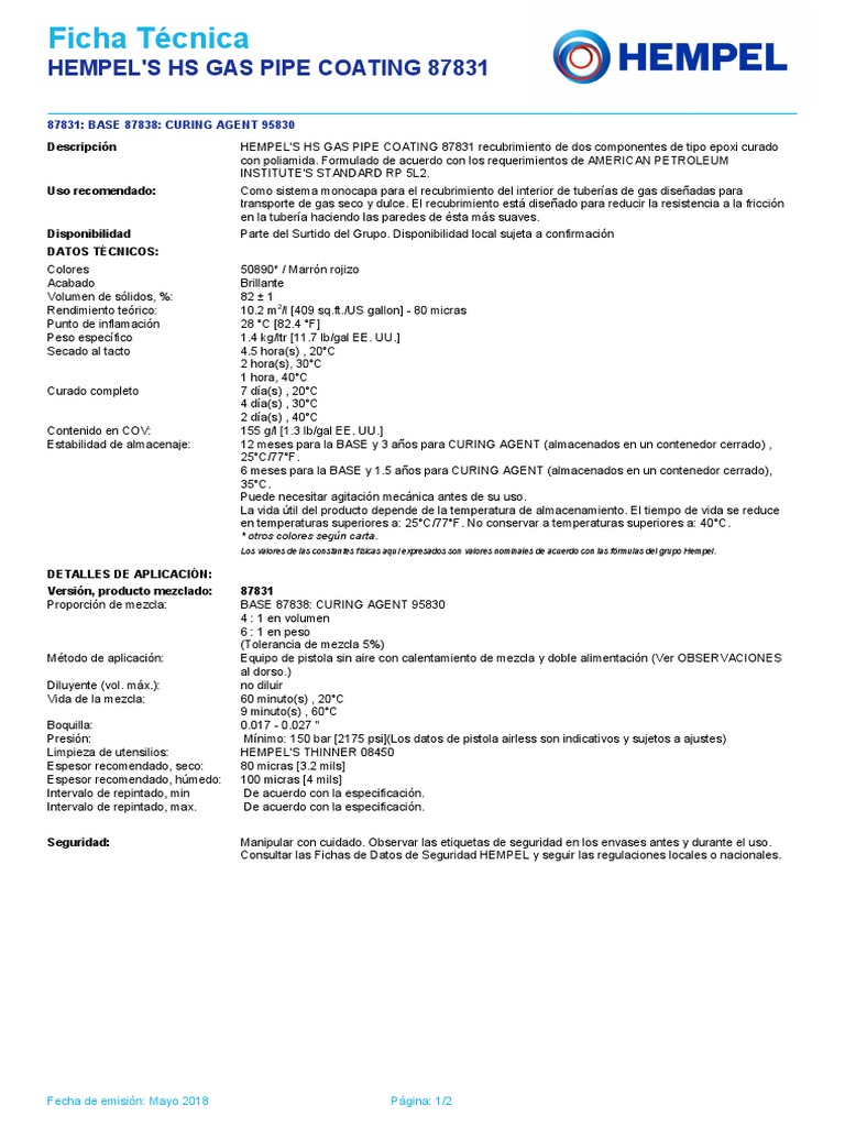 Pds Hempel's Hs Gas Pipe Coating 87831 Es-Es | PDF | Gases | Temperatura