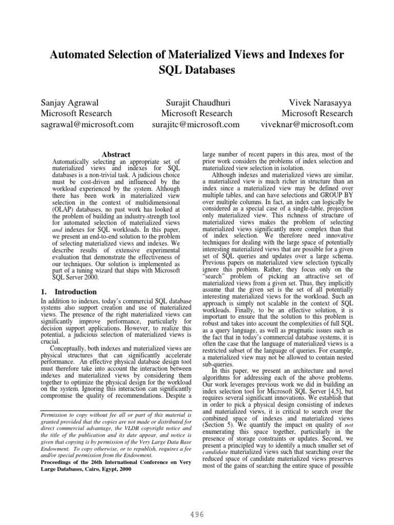 Automated Selection Of Materialized Views And Indexes For Sql Databases Pdf Database Index