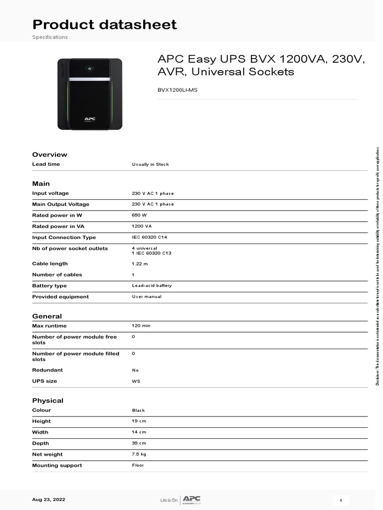 Easy UPS - BVX1200LI-MS-1 | Download Free PDF | Mains Electricity | Electrical Components