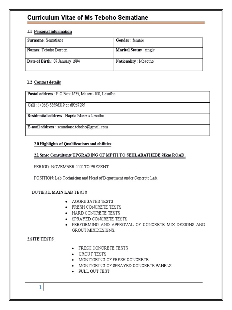 CV - Teboho - Sematlane SCLC JV1 | PDF | Concrete