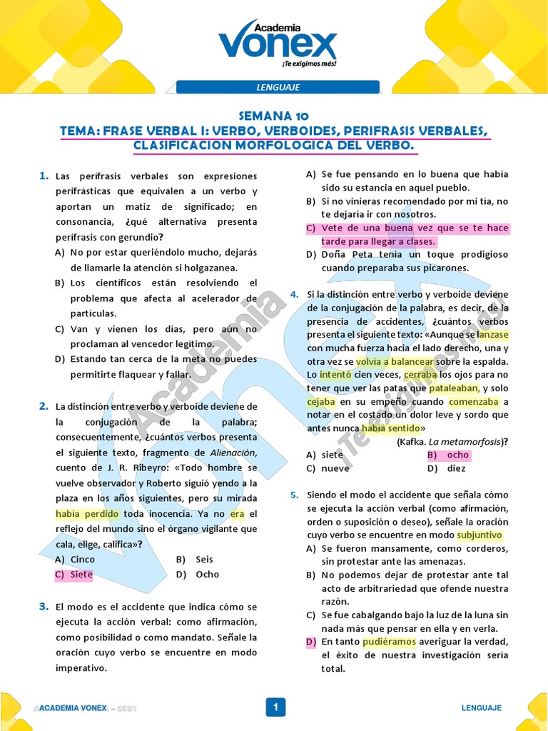CLAVES BOLETÍN SEMAN 10 Lenguaje INTENSIVO SAN MARCOS | PDF | Verbo | Conjugación gramatical